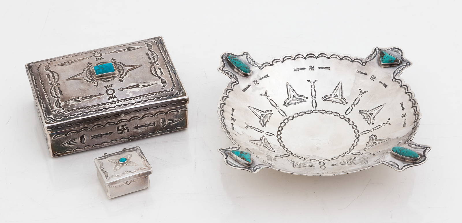 Southwest Native American Sterling Silver Boxes And Tray With Inset ...