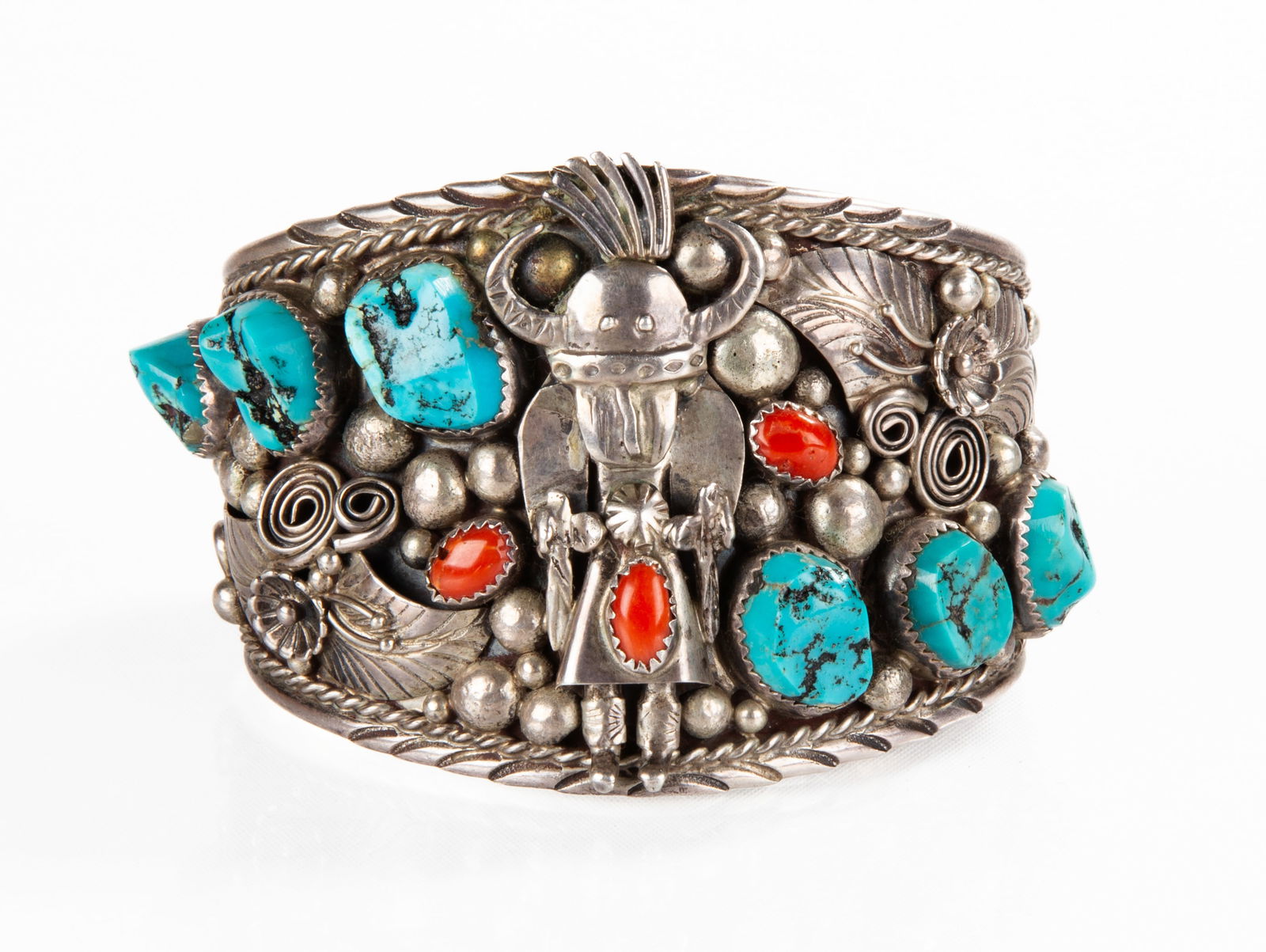 C & P Hannaweeke Zuni Turquoise & Coral Nugget Sio Shalako Horned ...