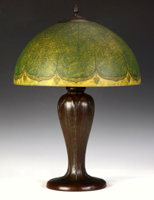 Unusual Handel Arts & Crafts Design Obverse Painted Lam