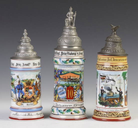 Three German Porcelain Regimental Lithophane Steins