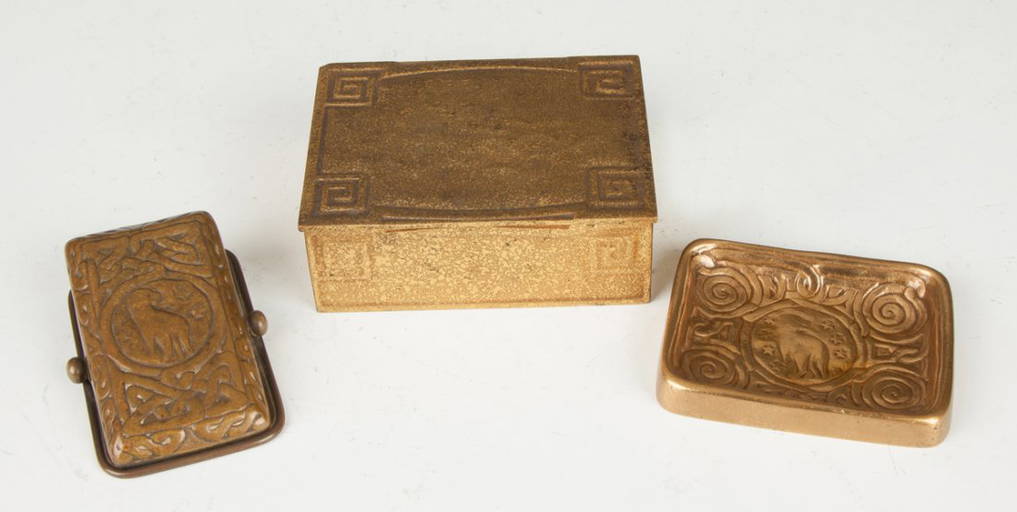 Tiffany Studios Bronze Paper Clip, Gilt Desk Box & Gilt