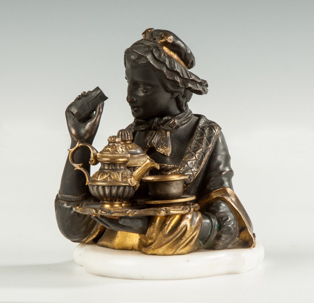 Gilt & Patinated Bronze Inkwell of a Lady Serving Tea