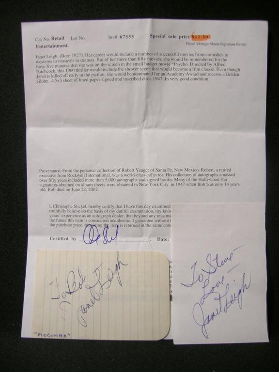 Two Janet Leigh Signed Cards