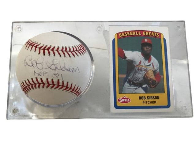 Bob Gibson Autographed National League Official Baseball And 1990 Swell ...