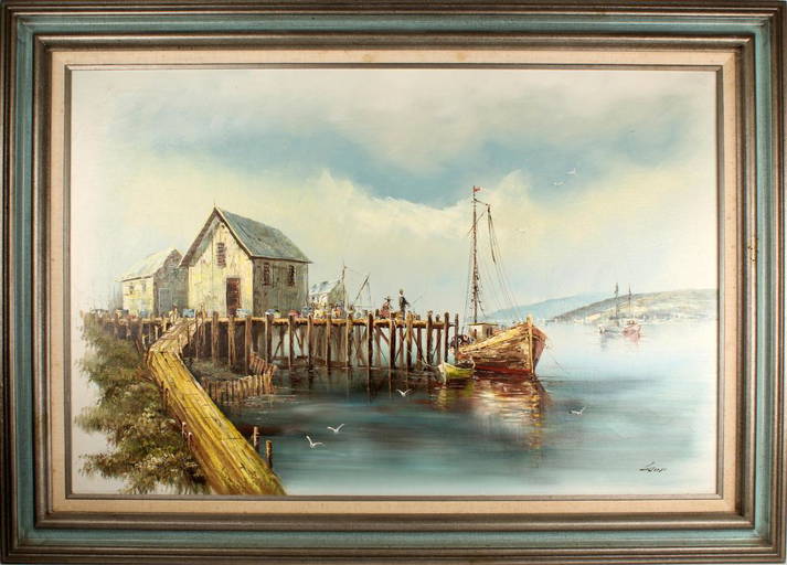 John A.luini New England Harbor Scene Oil Painting