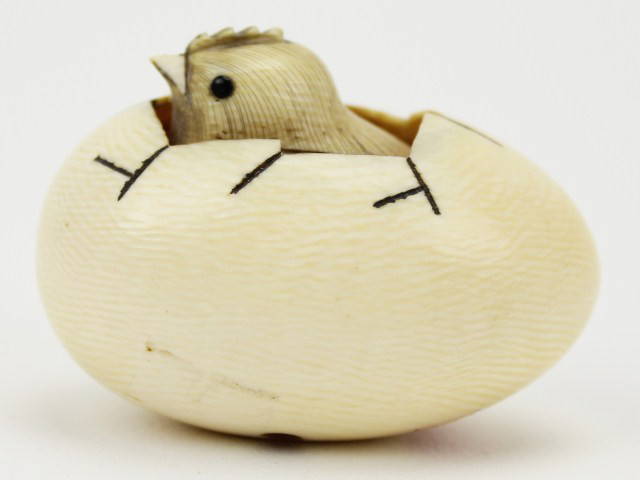 Ivory Chicken In Egg Netsuke Signed