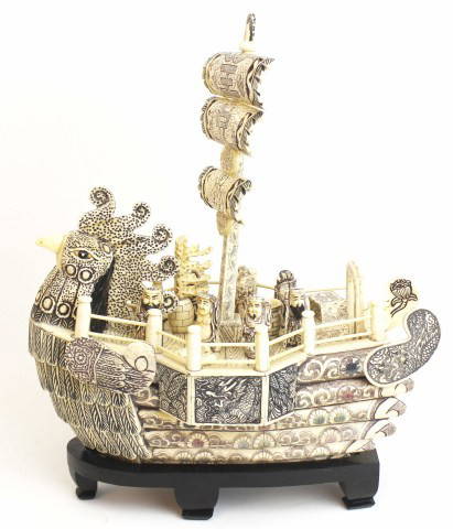 Carved Japanese Ivory & Bone Phoenix Ship