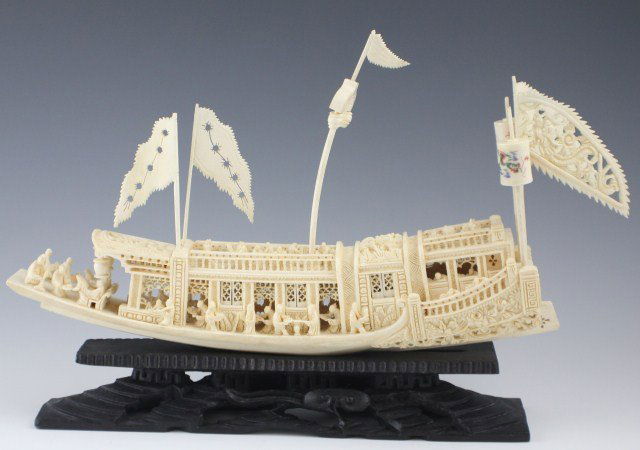INTRICATELY CARVED CHINESE IVORY BOAT