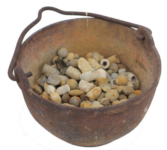 A IRON CAULDRON OF CIVIL WAR BULLETS & MUSKET BALL