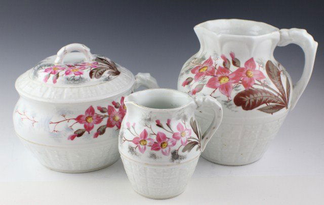 LATE 19TH CEN 3 PIECE MERKELSGRUN FLORAL PORCELAIN