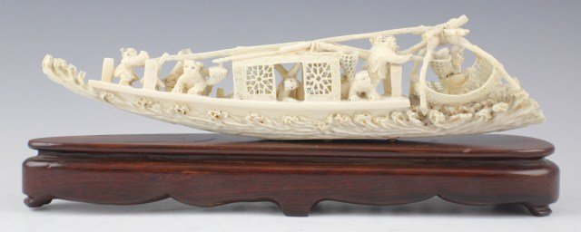 CHINESE CARVED IVORY FISHING BOAT