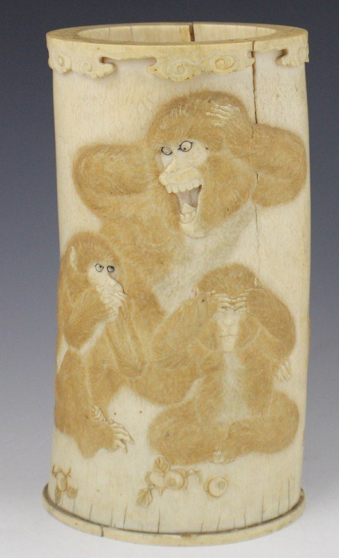 JAPANESE CARVED IVORY TUSK WITH MACAQUE MONKEYS