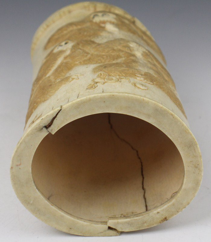 JAPANESE CARVED IVORY TUSK WITH MACAQUE MONKEYS