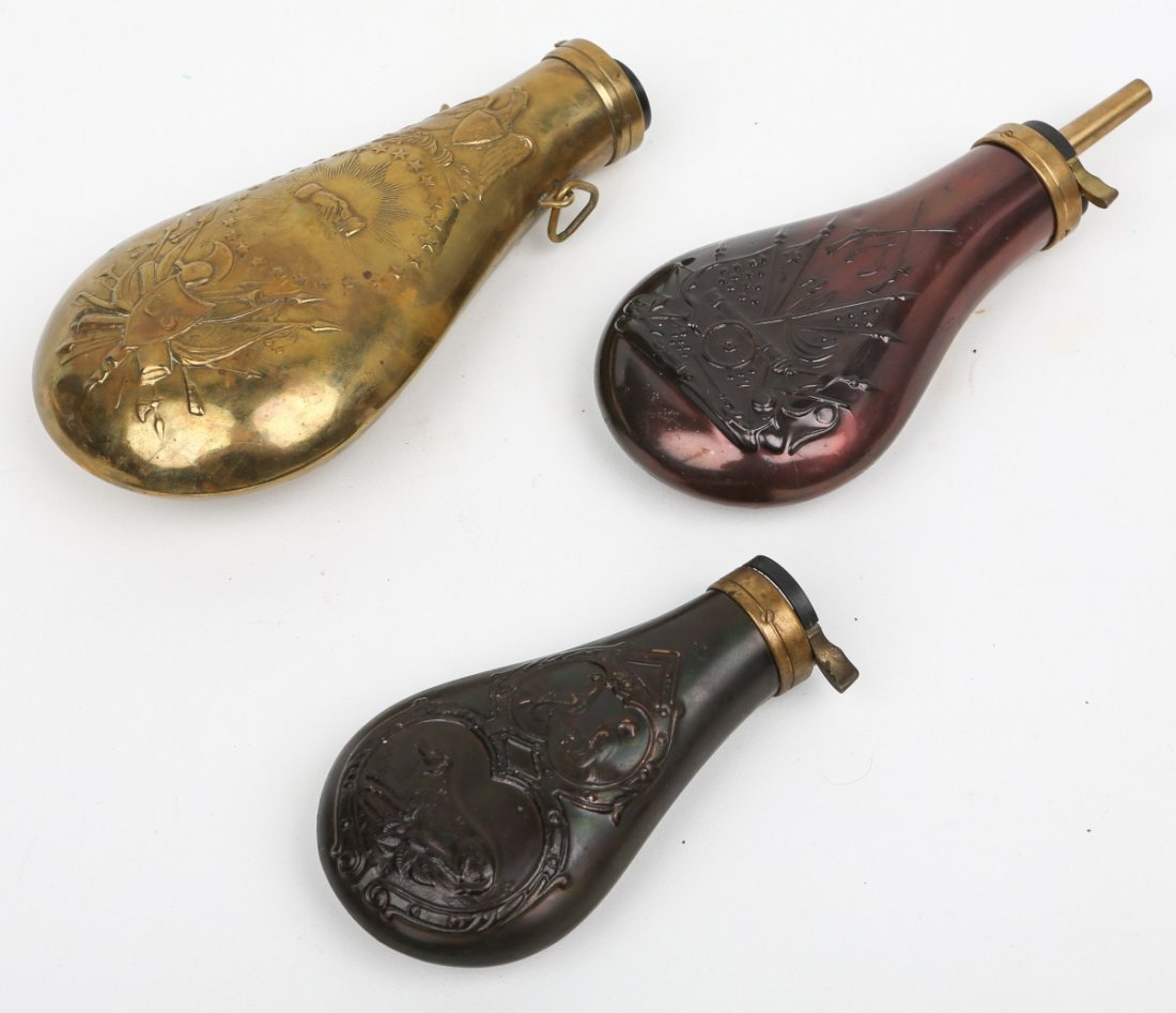 THREE REPRODUCTION POWDER FLASKS