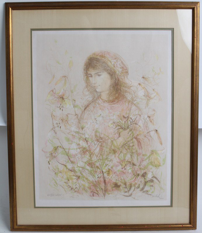 EDNA HIBEL SIGNED LITHOGRAPH GIRL WITH LILIES