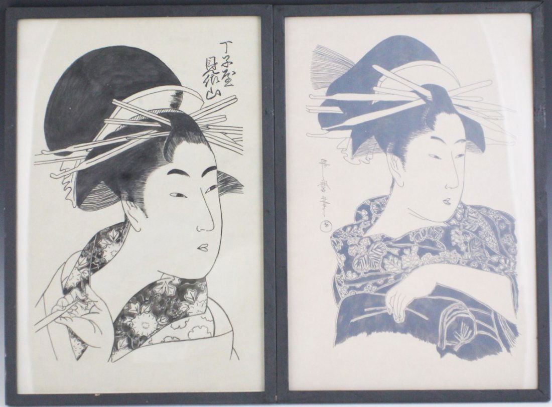 JAPANESE PEN AND INK TWO KABUKI FIGURES