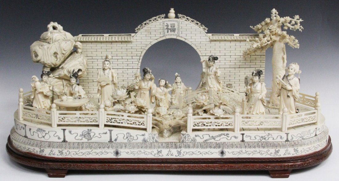 CHINESE CARVED IVORY GOOD FORTUNE SCHOLAR GARDEN