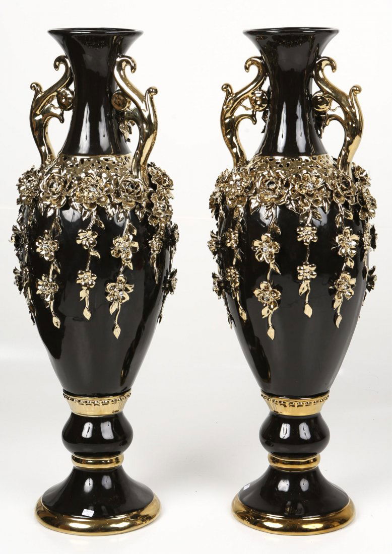 (2) BLACK & GOLD FLORAL RELIEF PLASTER FLOOR VASES