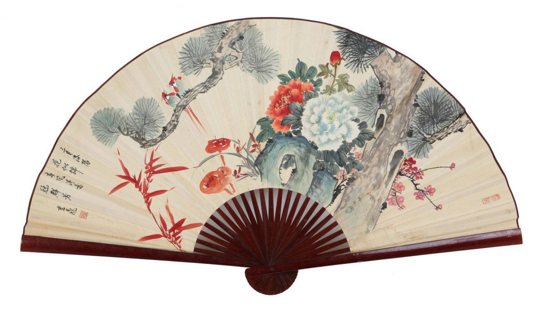 LARGE JAPANESE HAND PAINTED LACQUERED WALL FAN