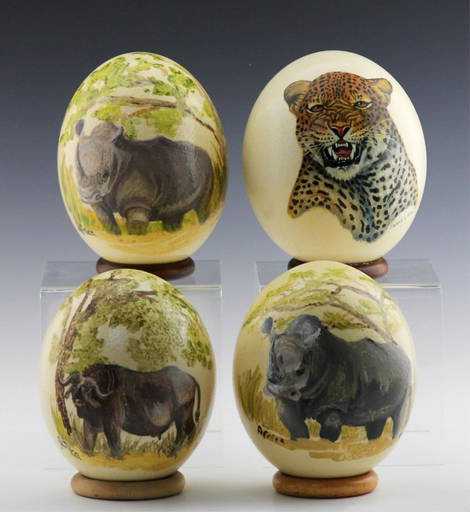 (4) African Hand Painted Ostrich Egg Shells
