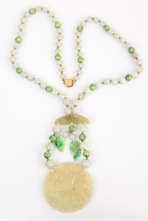 Chinese Jade Pectoral Necklace W 14k Gold Clasp