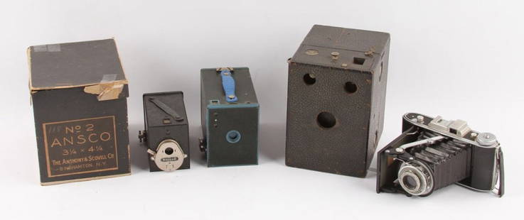 (5) Early Box Cameras, Conley Kewpie, Hawk Eye