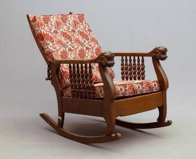 Victorian Oak Morris Chair With Lion Heads, Claw F