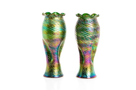 Pair Art Nouveau Austrian Iridescent Glass Vases