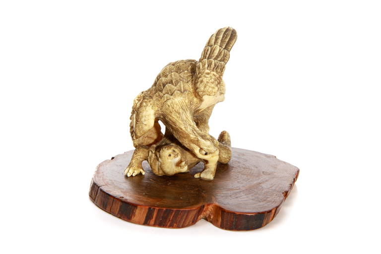 Japanese Natural Netsuke Of Bird Attacking Monkey