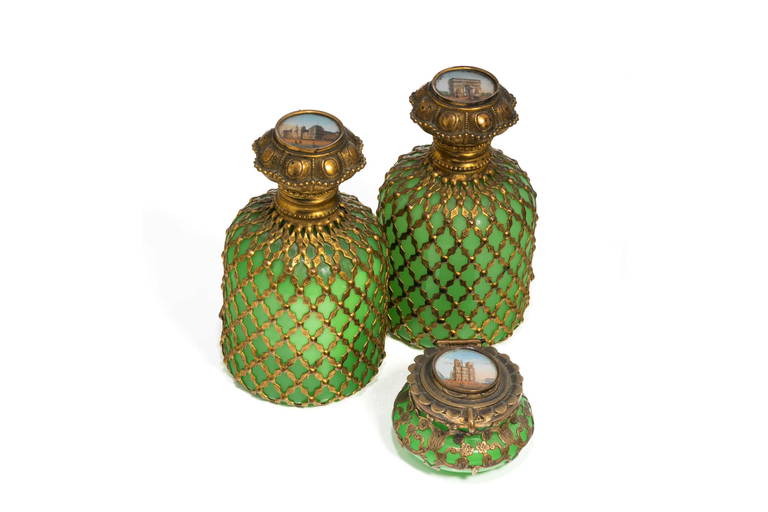 Three Opaline Green Glass Perfume Bottles