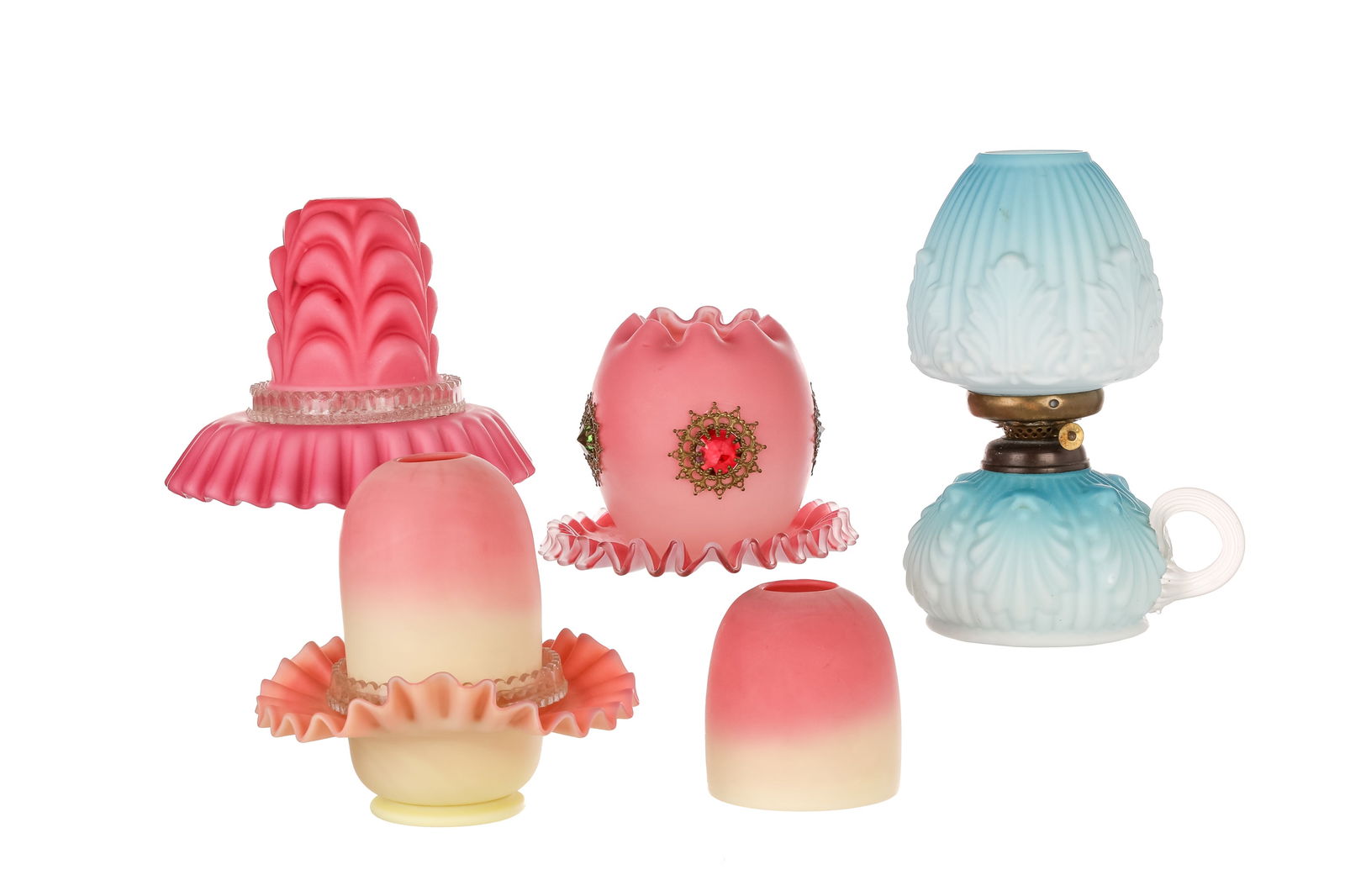 Five Victorian English Satin Glass Fairy Lamps Auction