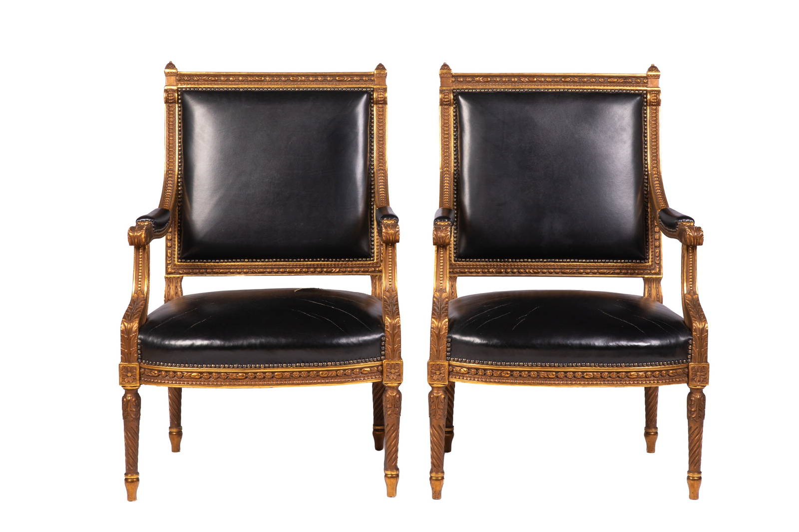 Pair French Leather Upholstered Gilded Arm Chairs Auction