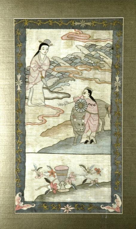 TWO CHINESE SILK KESI PANELS OF NIULANG & ZHINU