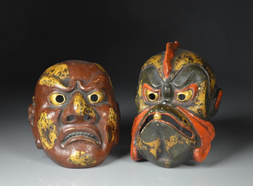 Two Japanese Gigaku Theatre Masks