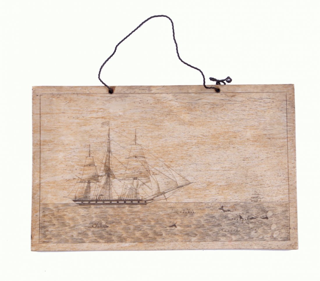 A Rare Scrimshaw 'Whaling' Panbone Plaque, Early 19th