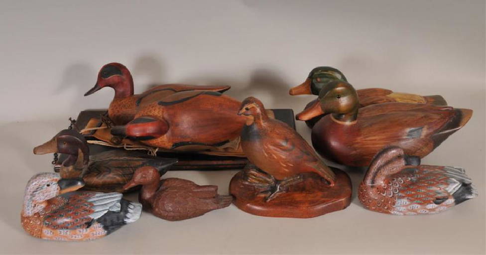 8 Duck & Quail Decoys / Figures, R. D. Lewis