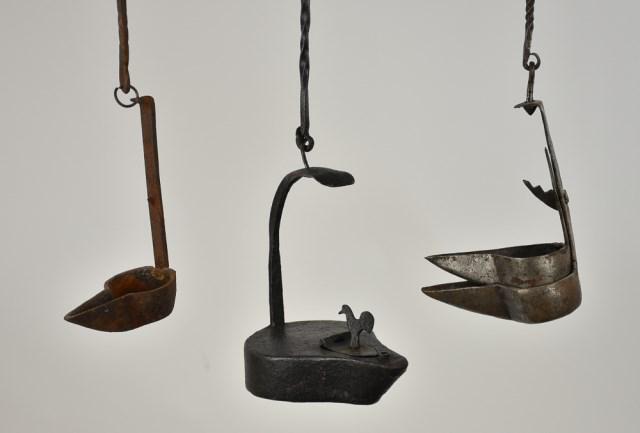 3 Early Wrought Iron Betty & Crusie Grease Lamps