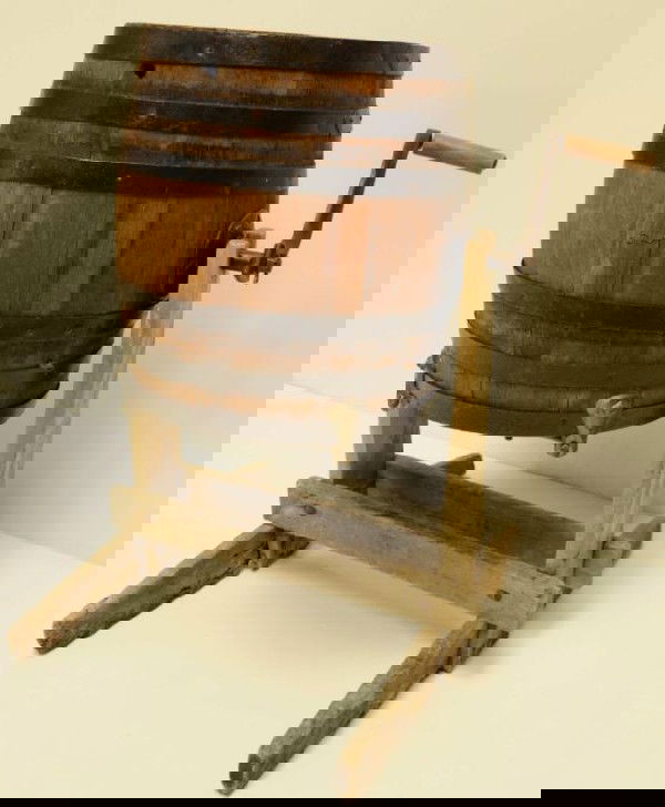 257: Wooden Barrel Butter Churn on Stand Metal-banded,