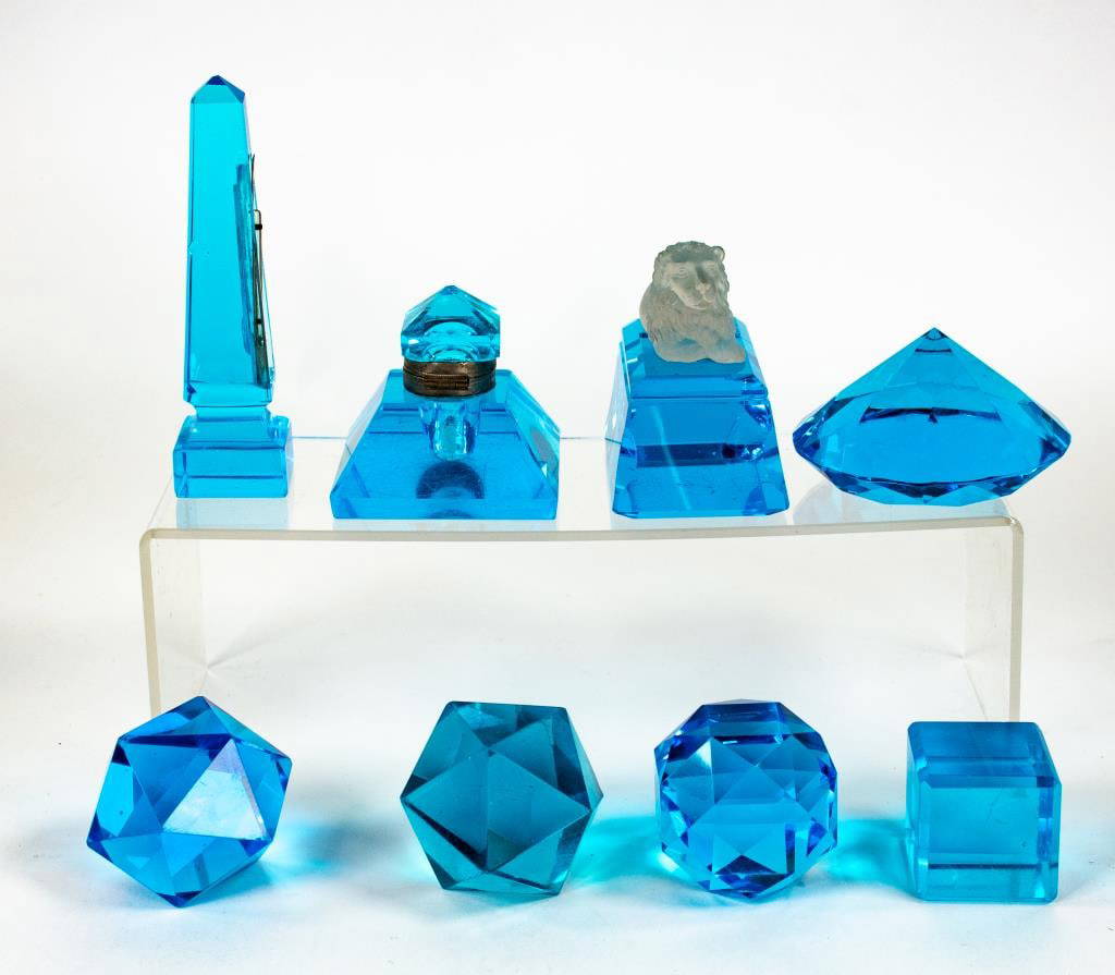 Eight Blue Glass Desk Items Auction