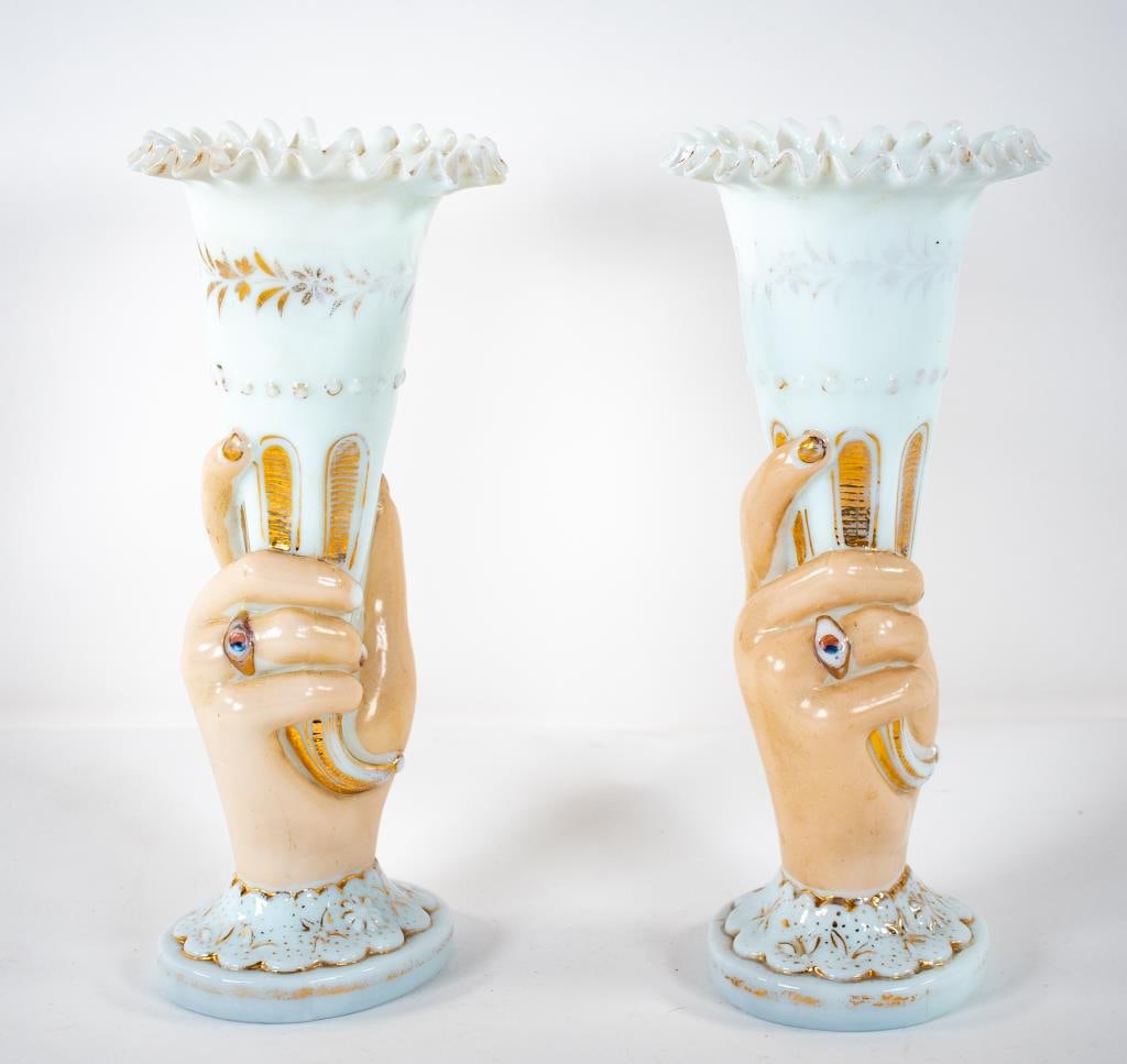 Pr. Of Blown Victorian Hand W/ Cornucopia Vases Auction