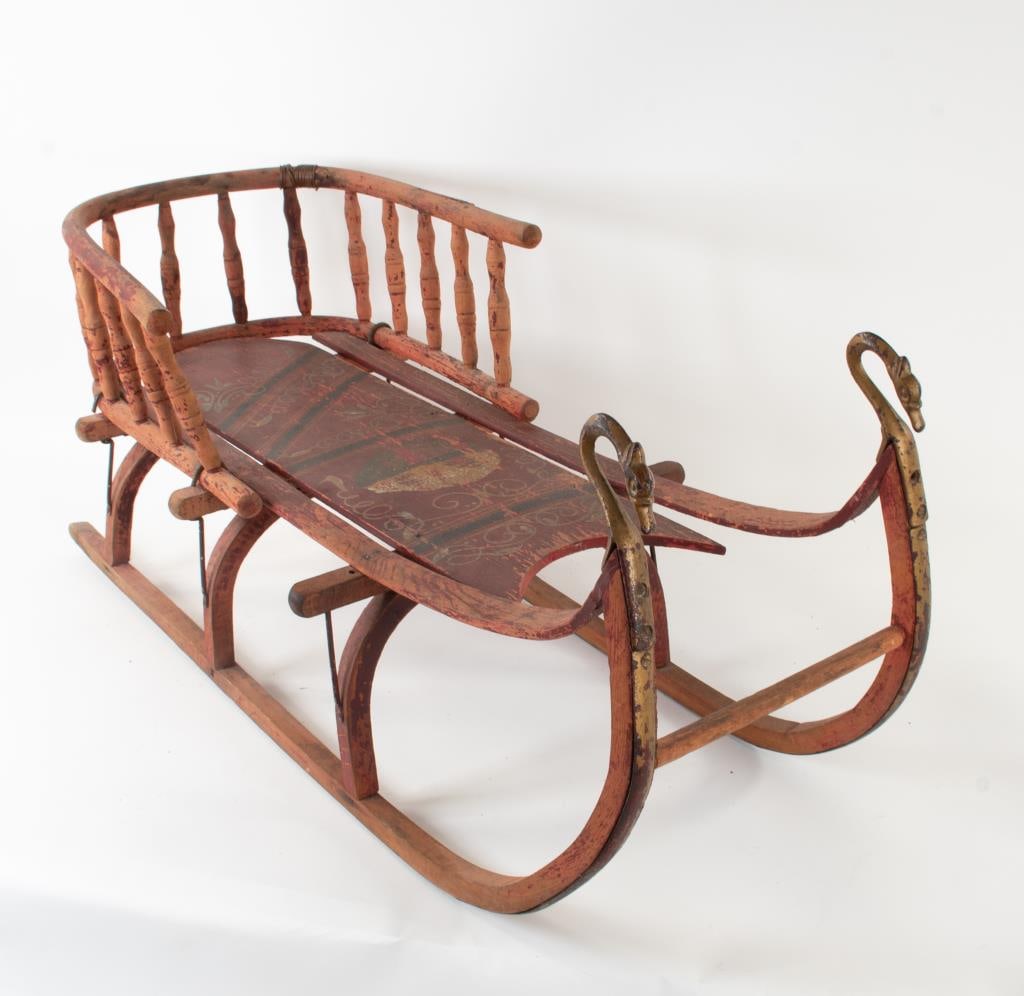 19th C. Painted Child's Sled, Swan's Head Runners Auction