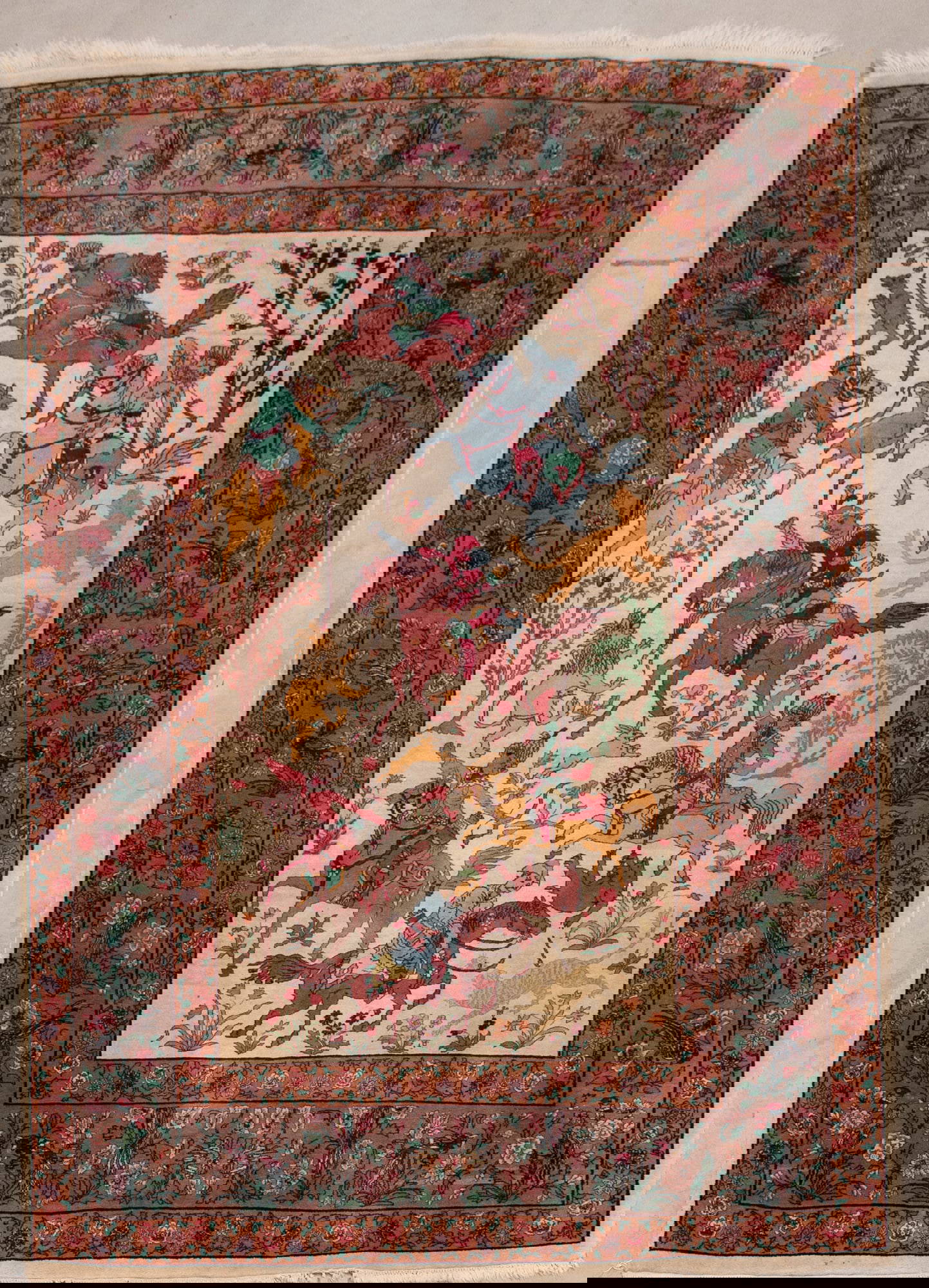 Persian Pictorial Hunting Scene Rug, 5'11"w, 8'9"l Auction