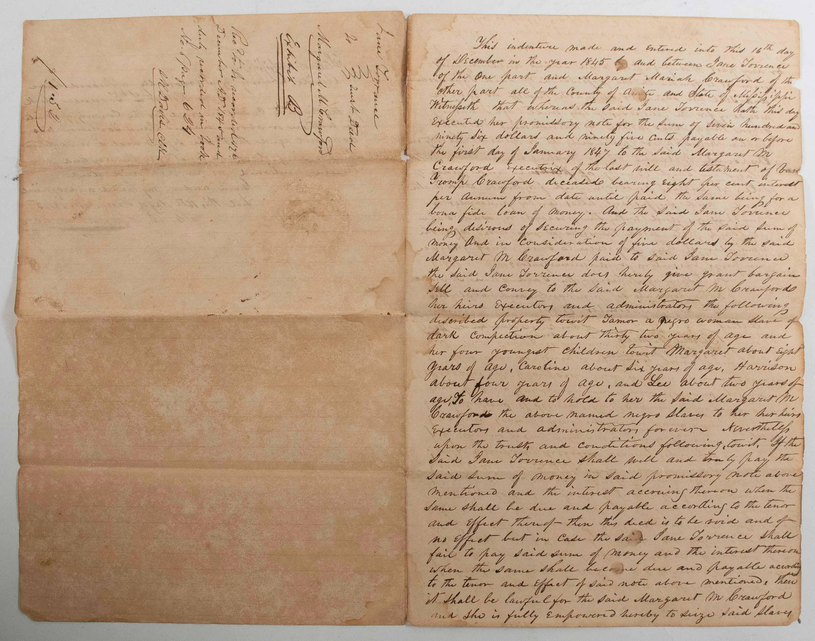 1845 Mississippi Legal Document Sale Of Slaves Auction