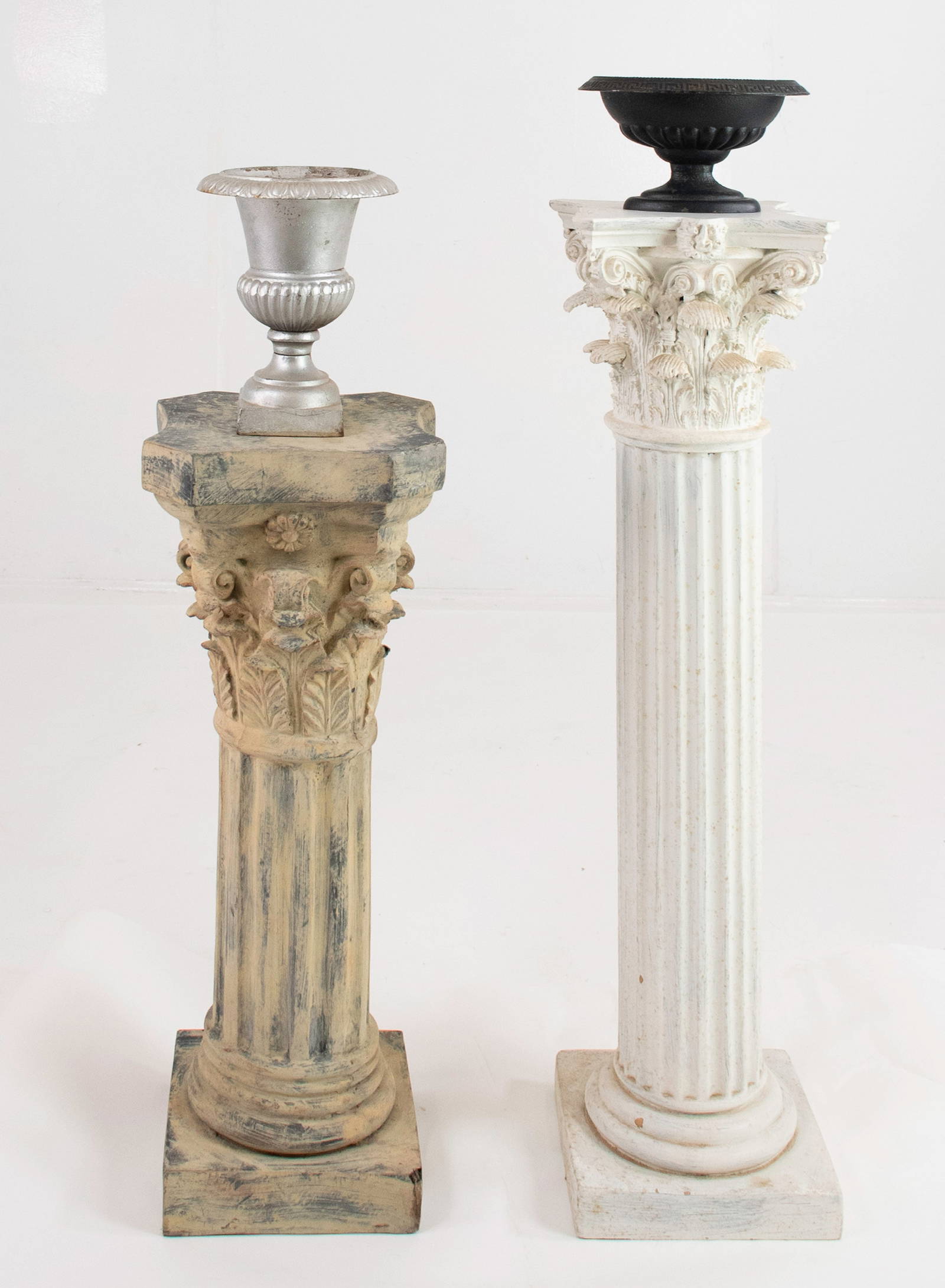 2 Corinthian Column Pedestals & 2 Cast Iron Urns Auction