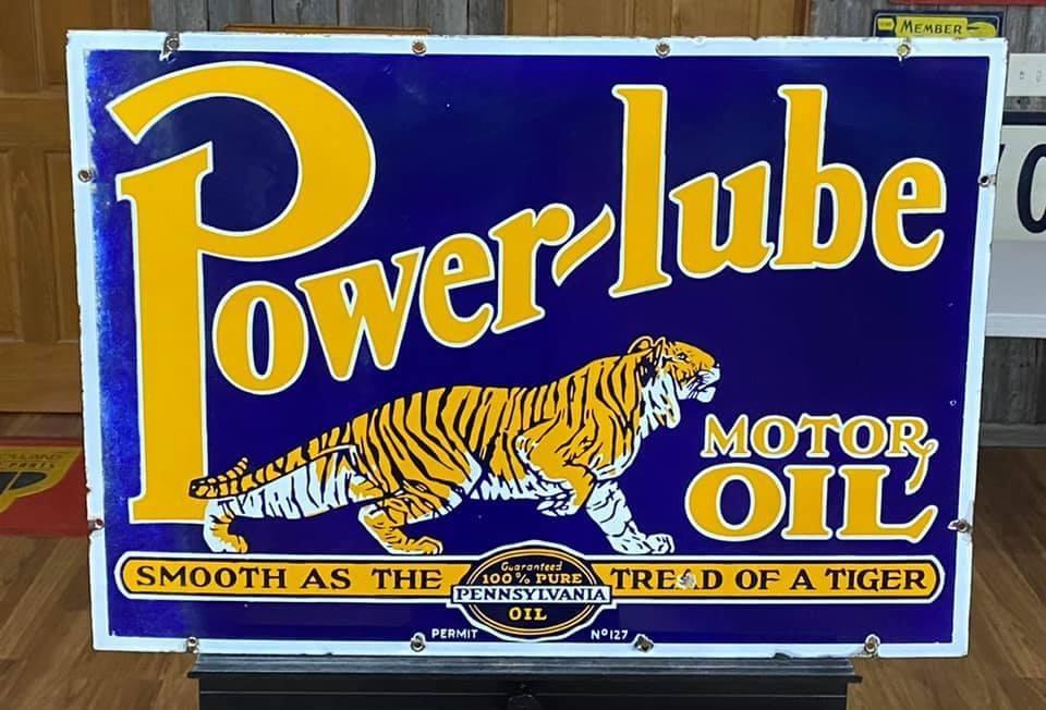 Power Lube Motor Oil W/tiger Logo Porcelain Sign