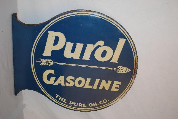 Purol Gasoline With Arrow, Tin Flange Sign, 18x2
