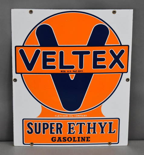 Veltex Super Ethyl Gasoline W/logo Porcelain Pump Sign (tac)