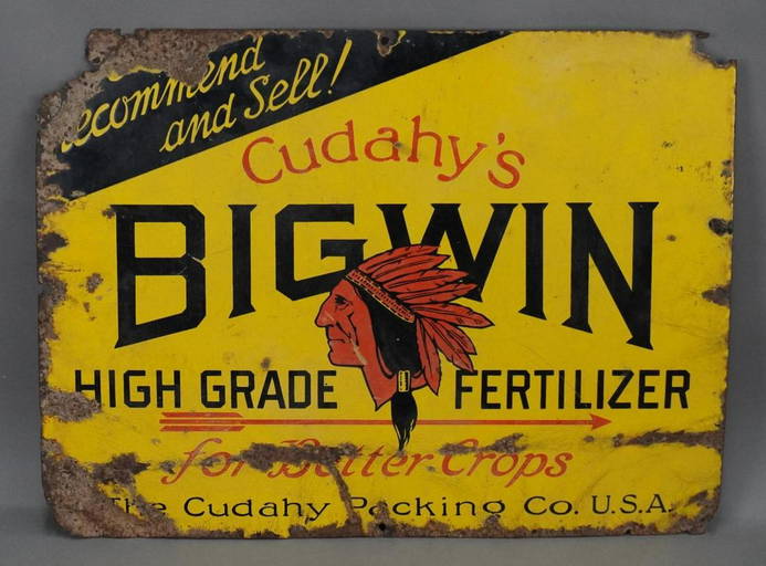 Cudahy's Bigwin High Grade Fertilizer w/Indian Logo Porcelain Sign (TAC ...