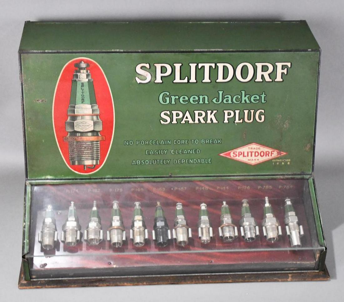 Splitdorf Green Jacket Spark Plug Metal Counter Top Display