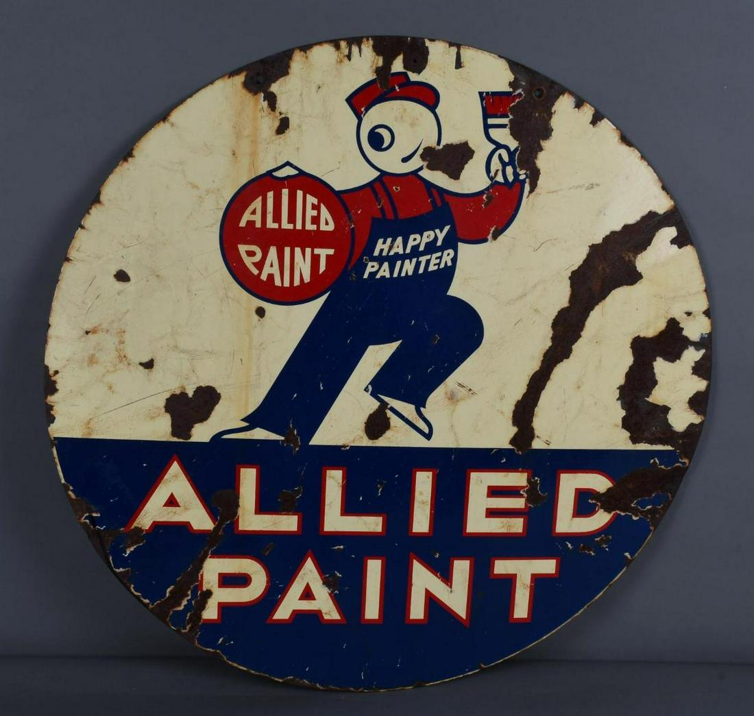 Allied Paints W/happy Painter Logo Porcelain Sign Auction